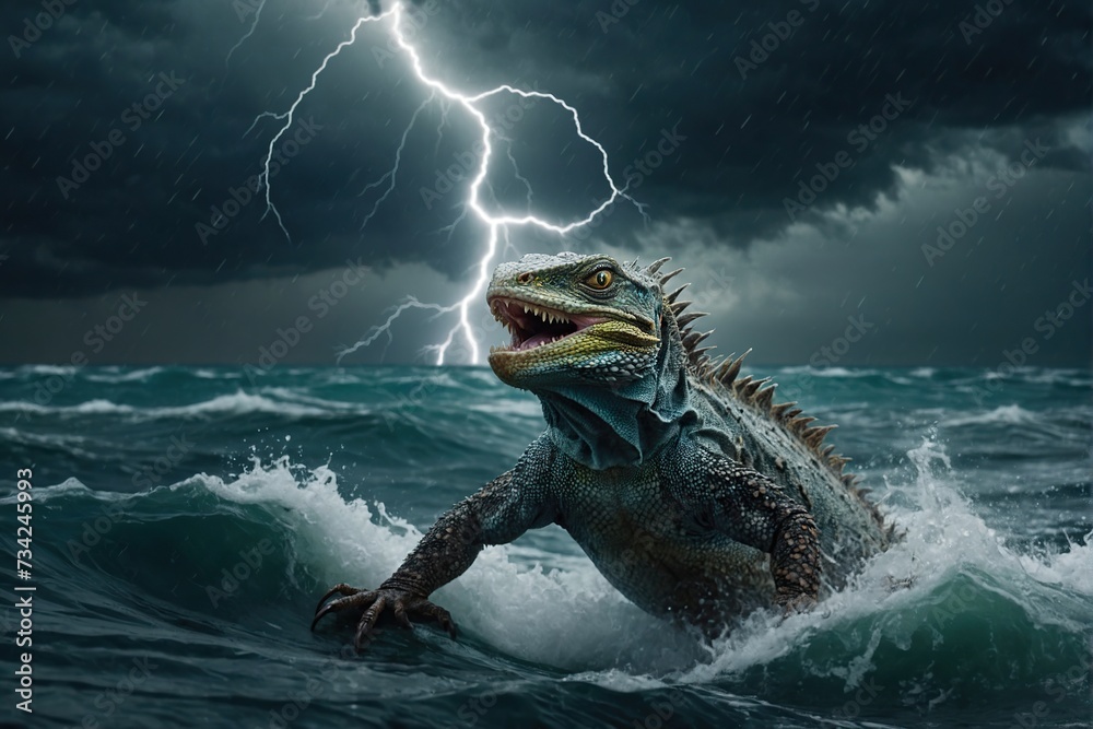 lizard monster in a violent ocean storm with thunder and lightning ...