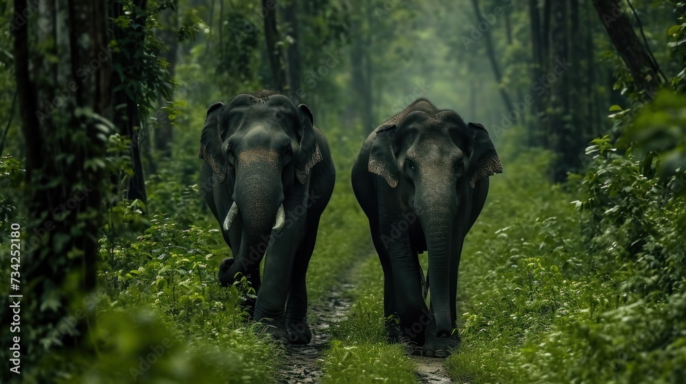 two elephants walking down a path in the middle of a lush green forest ...