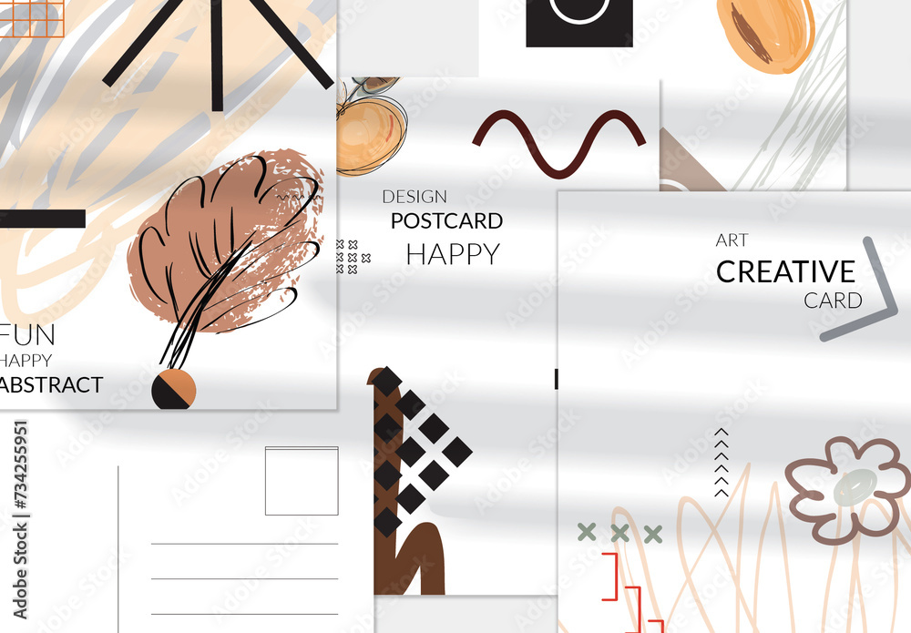 Postcard Layout with Hand Drawn Abstract Floral Doodles and Geometric ...