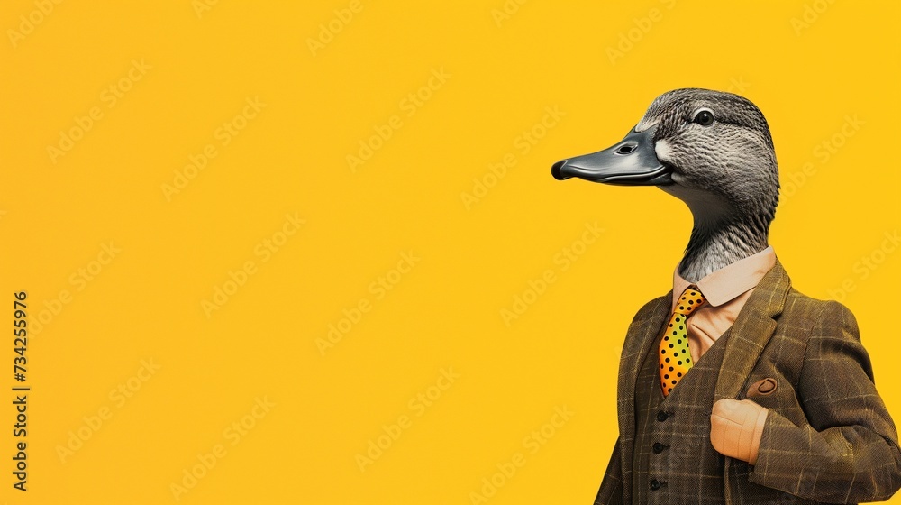 a Duck wearing a suit with a tie on a plain yellow background on the ...