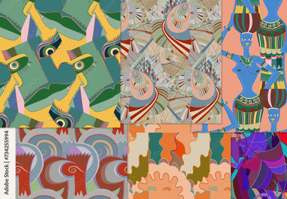 Set of Abstract Seamless Patterns with Cubism Art Elements and Graffiti ...