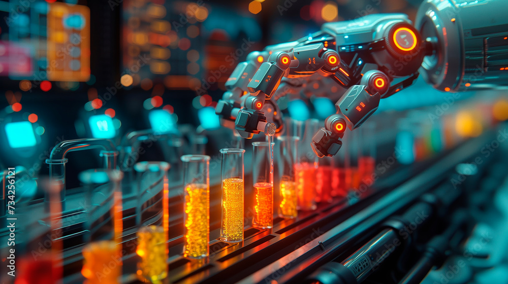 An advanced robotic arm conducting automated pharmaceutical tests ...