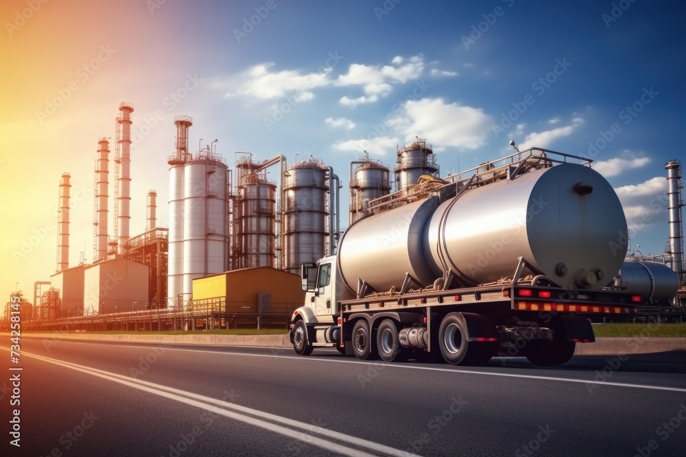 Oil tank truck driving on highway delivering oil with background of ...