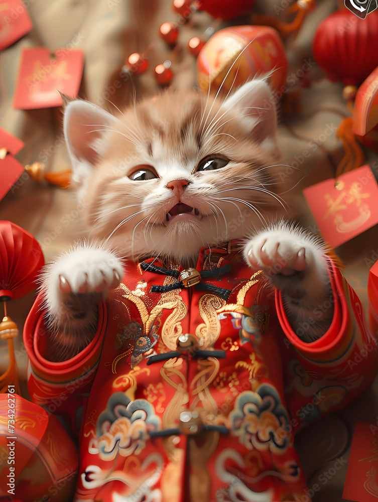 cute kitten in Tang suit lying on a pile of Chinese red envelopes Stock ...