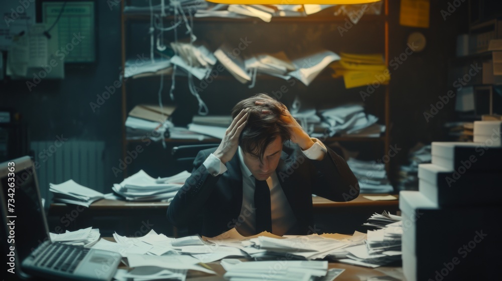 A man sits at his office desk late at night, visibly stressed and ...