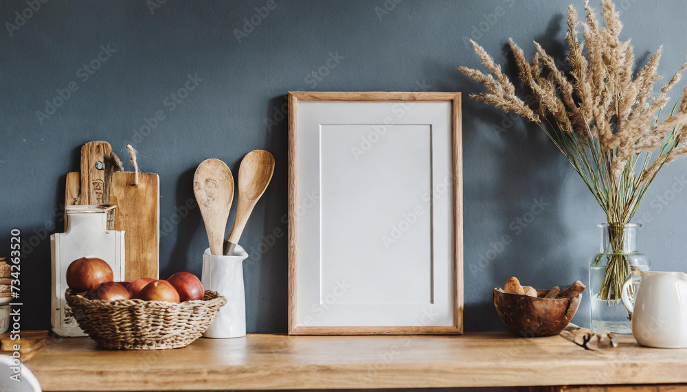 Frame mockup in kitchen interior background, Farmhouse style, 3d render ...