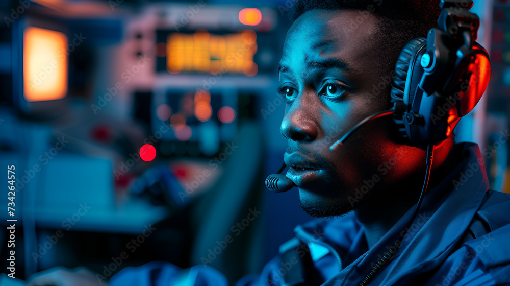 Navy operator at sea command center, alert and focused, amidst a ...
