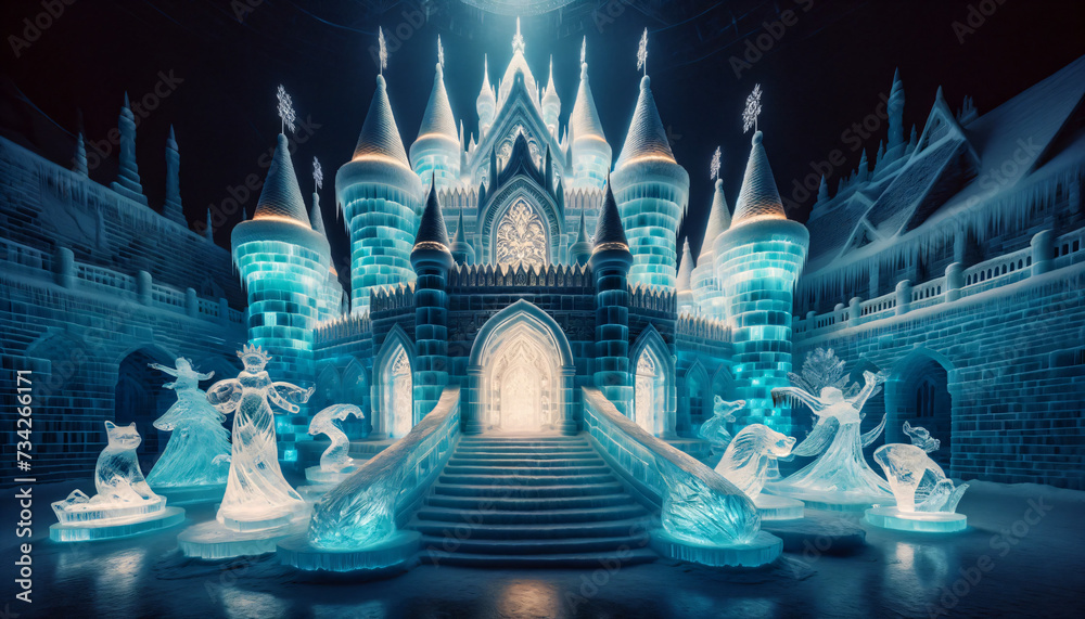 Fairy-tale ice castle with bright sculptures and lighting, showcasing ...