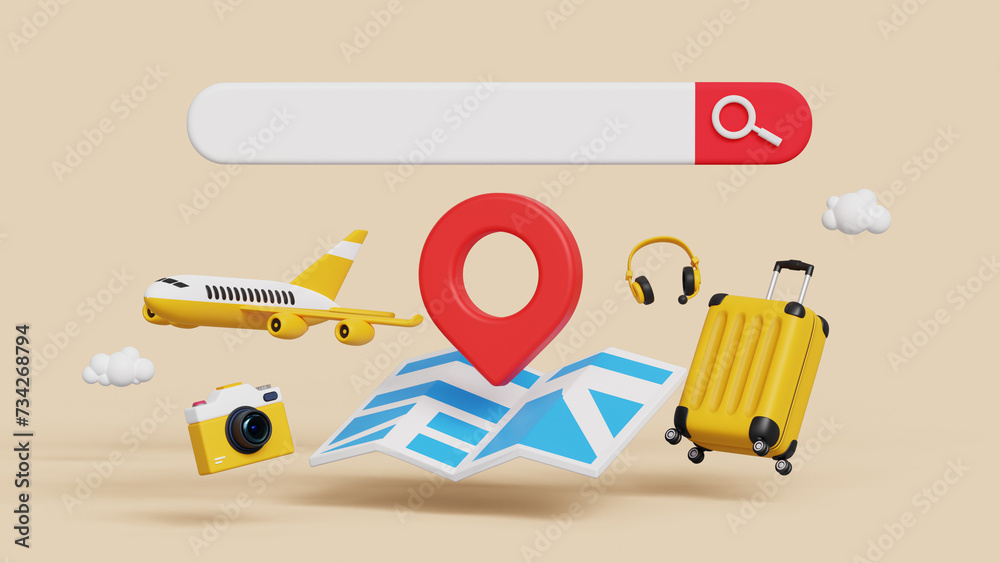 3D Travel and Tourism concept. 3D navigation pin with mini map ...