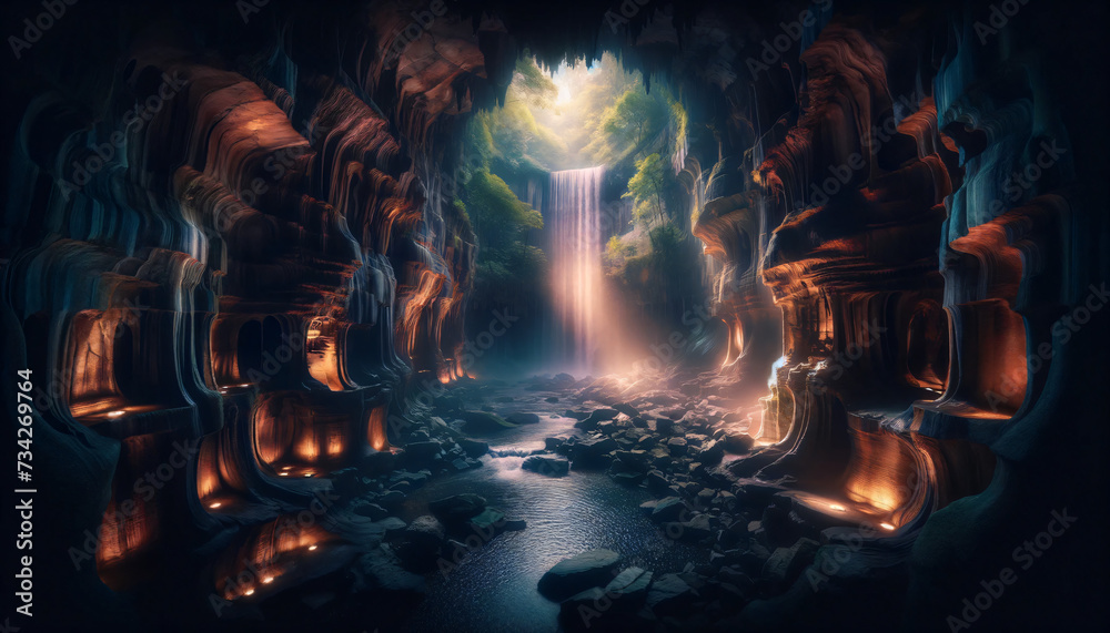 Mysterious grotto with lighting and a hidden waterfall, enhanced with ...