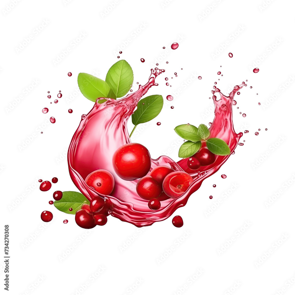 realistic fresh ripe lingonberry with slices falling inside swirl fluid ...