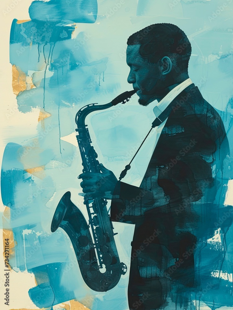 The image portrays an artistic interpretation of a male musician ...