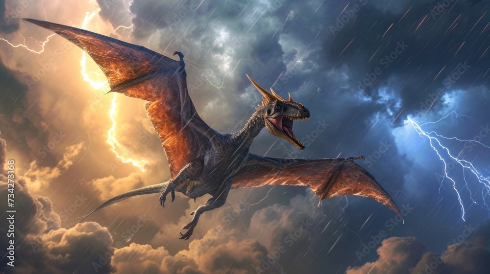 Flying dinosaur, Pterodactyl, flying in thunderstorm. Photorealistic ...