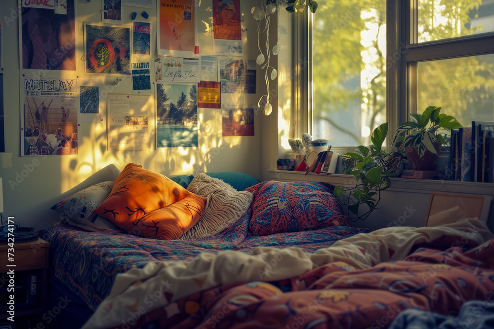 AI generated illustration of an untidy bed beside a window in a bedroom ...