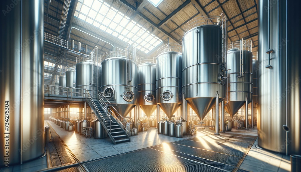 Modern Beer Factory. Rows of steel tanks for beer fermentation and ...