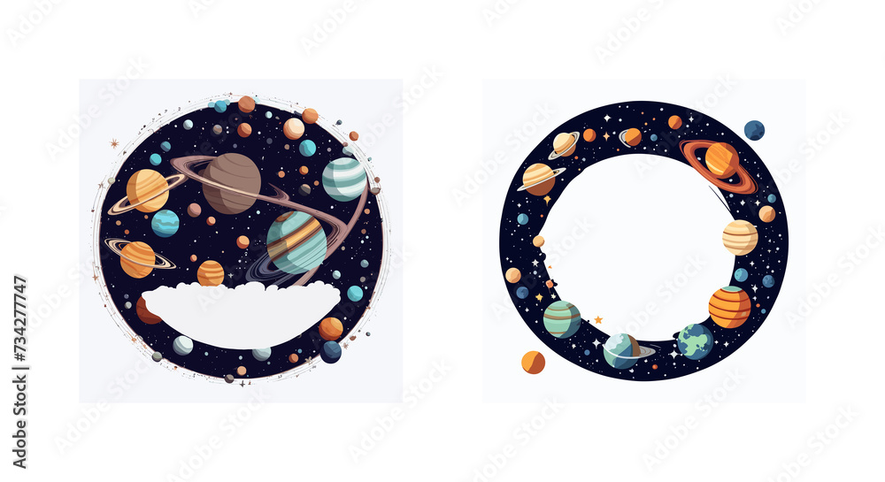 Designer frame with space and numerous planets, executed in a vector ...