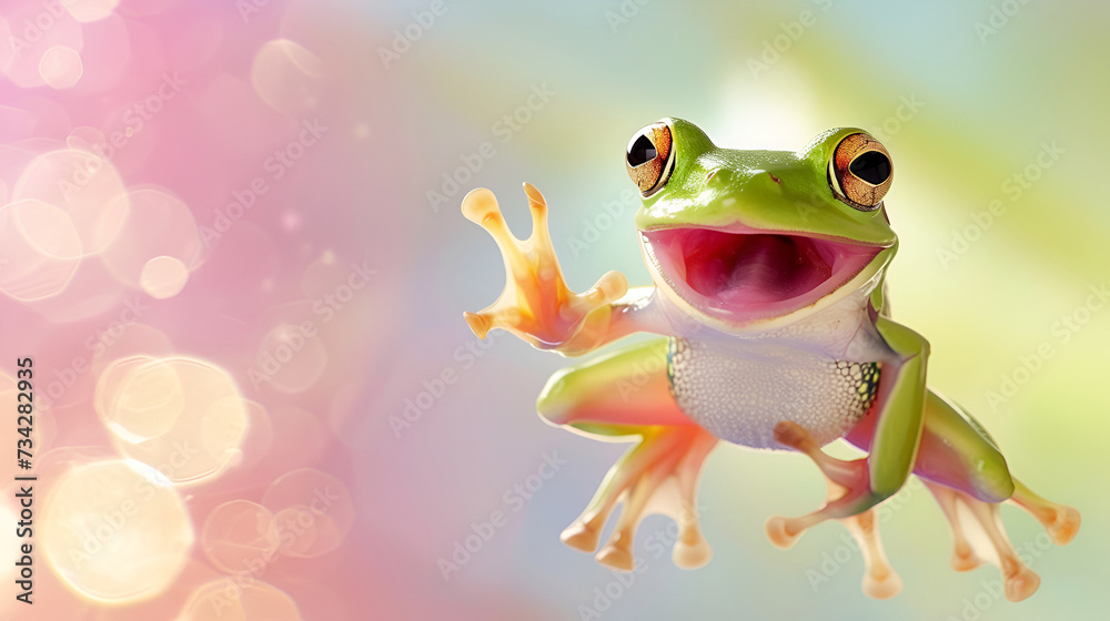 Green exotic frog jumping on a pastel gradient background with copy ...