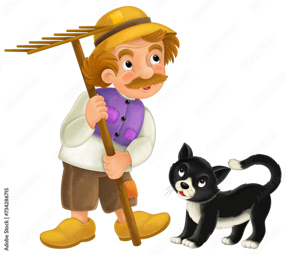 Cartoon farm character farmer man boy child with happy black cat ...