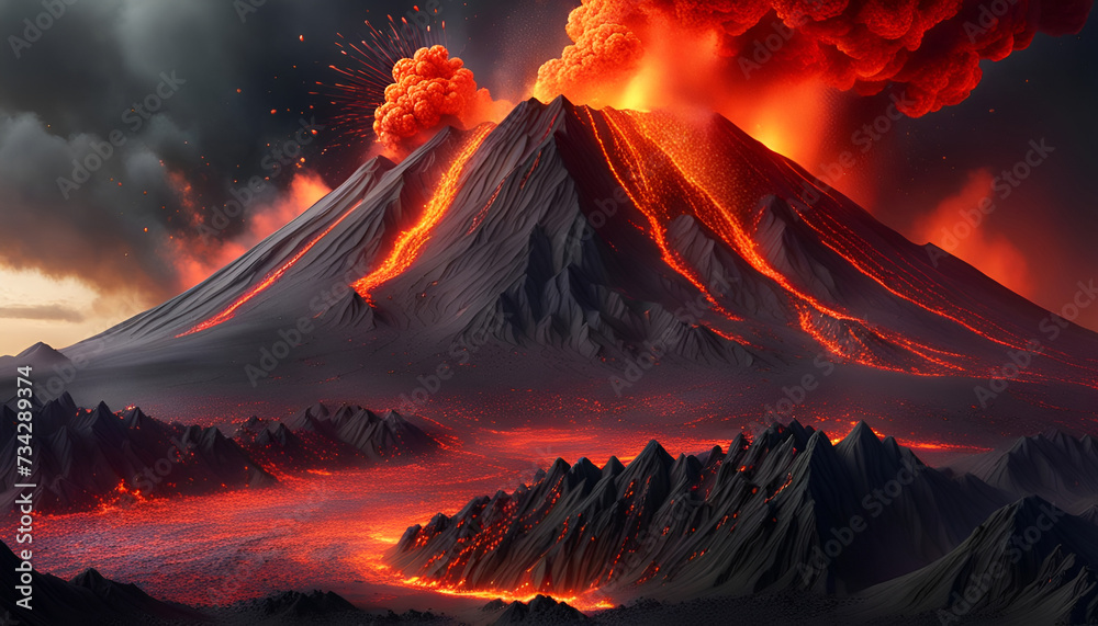 Hintergrund und Vorlage eines ausbrechenden Vulkan mit Feuer und Rauch ...