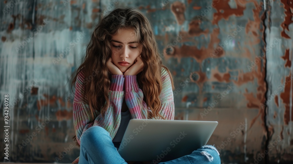 A distressed teenage girl sits in front of her computer, visibly upset ...