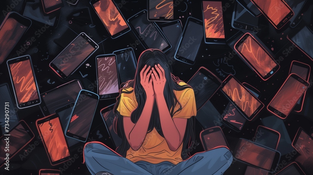 A distressed teenage girl sits in front of her computer, visibly upset ...