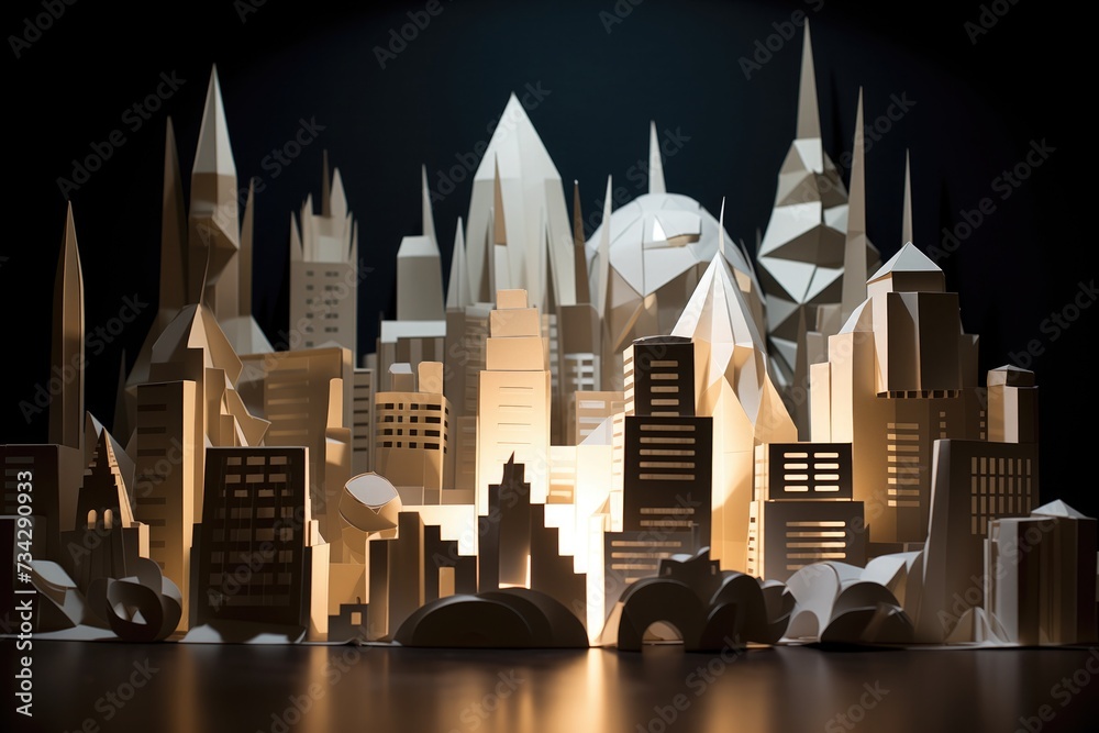 Paper model of a city with skyscrapers illuminated from inside Stock ...