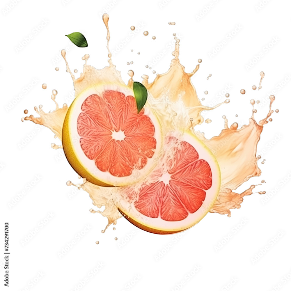 realistic fresh ripe pomelo with slices falling inside swirl fluid ...