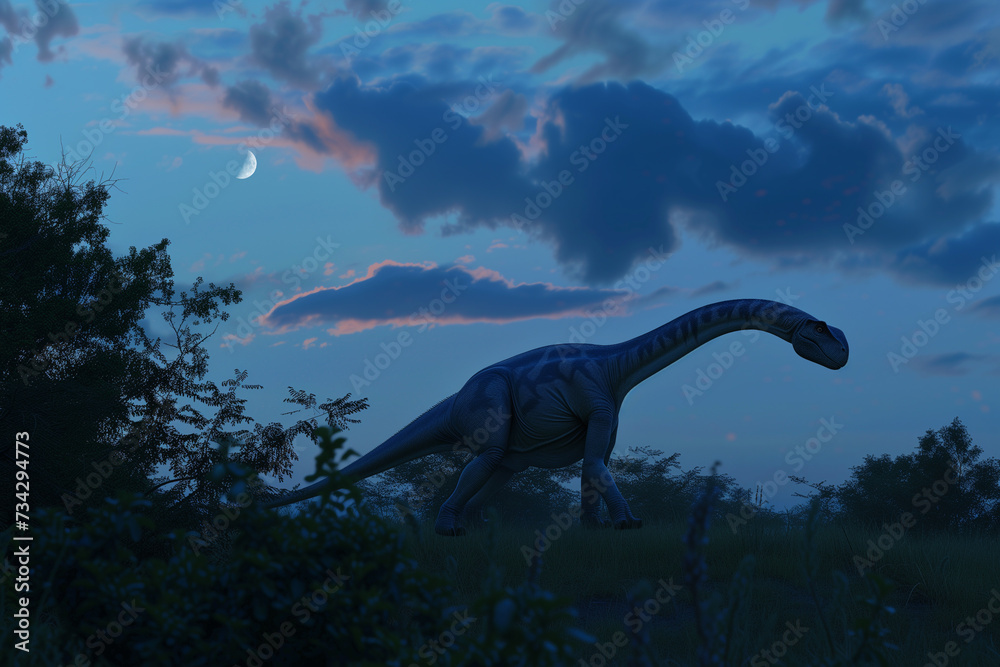 Un Brontosaure de profil au crépuscule sous le premier croissant de la ...
