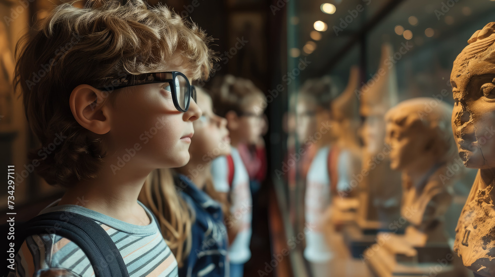 children carefully examine exhibits in a historical museum, a child ...