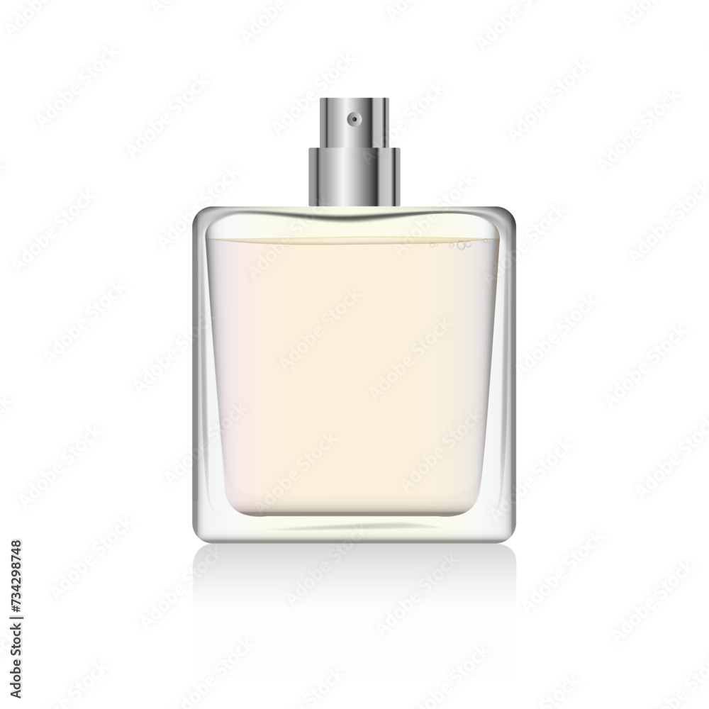 Clear glass perfume bottle mockup with open silver spray. 3d vector ...