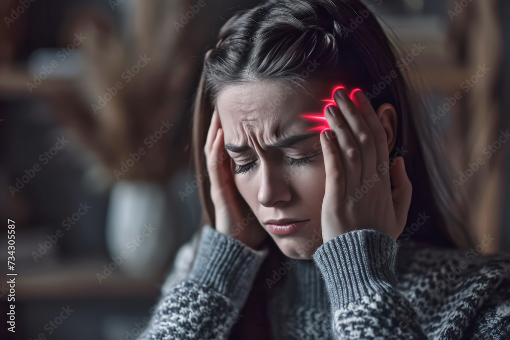 Mujer joven con sus manos sobre la cara y gesto de dolor y sufrimiento ...