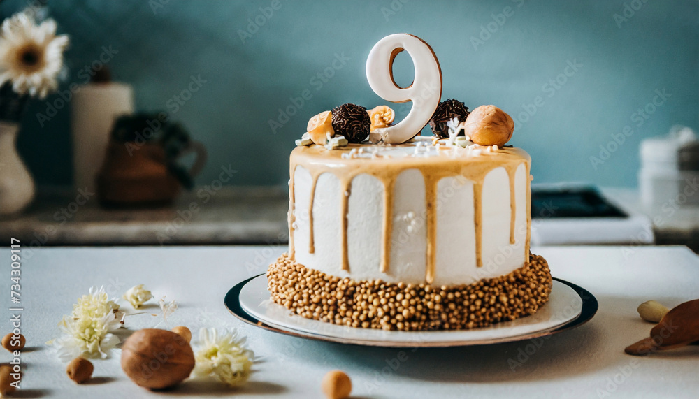 Festive happy birthday cream cake for nine-year-old child, 9 year ...