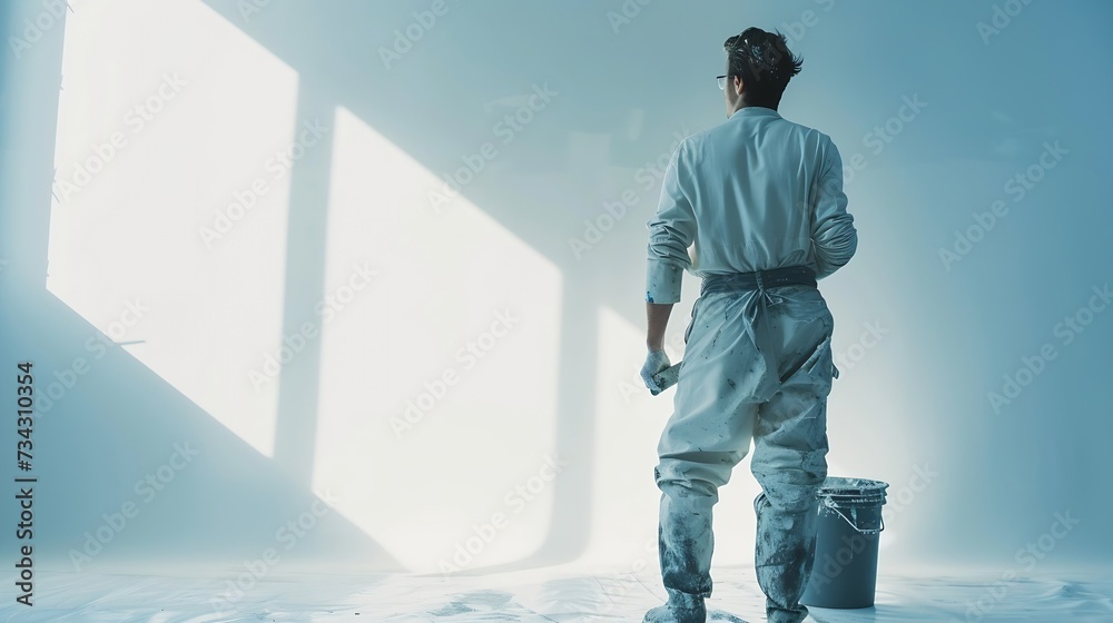 Generative AI : Rear view of painter man painting the wall, with paint ...