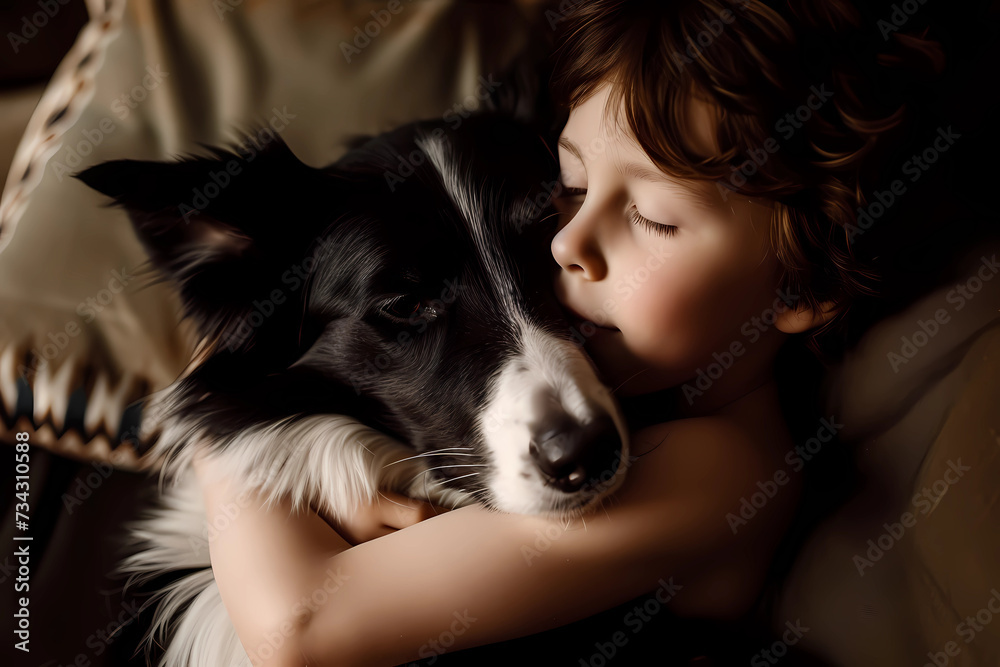 A young boy embraces his Border Collie dog in a heartwarming display of ...