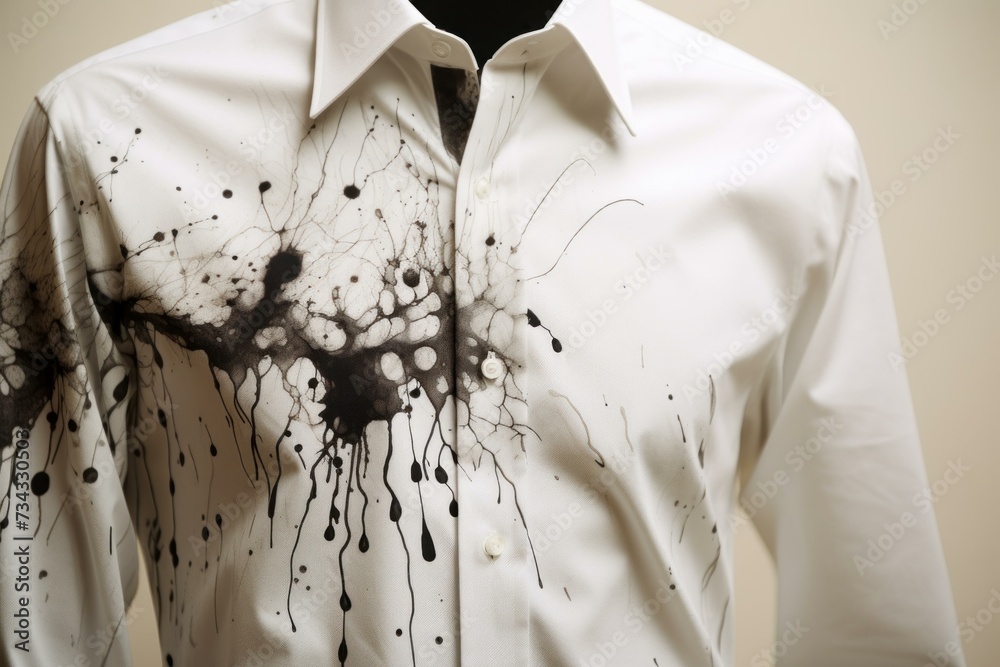 Unsightly Pen and stain of black ink on white shirt. Dirty leak ...