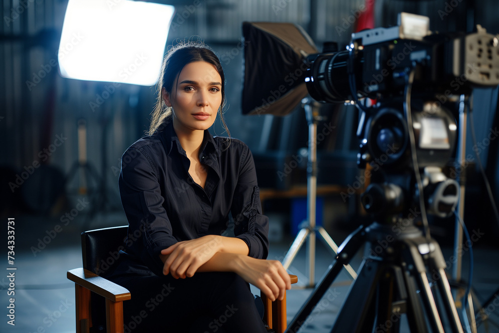 Film director sitting on a chair on the film set, elegant and confident ...