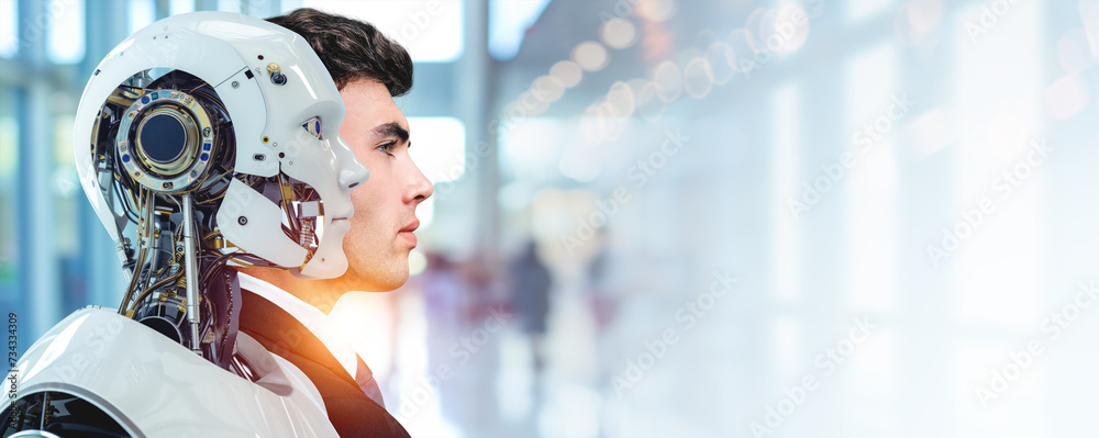 Man and robot profile in office room on copy space. Ai generative ...