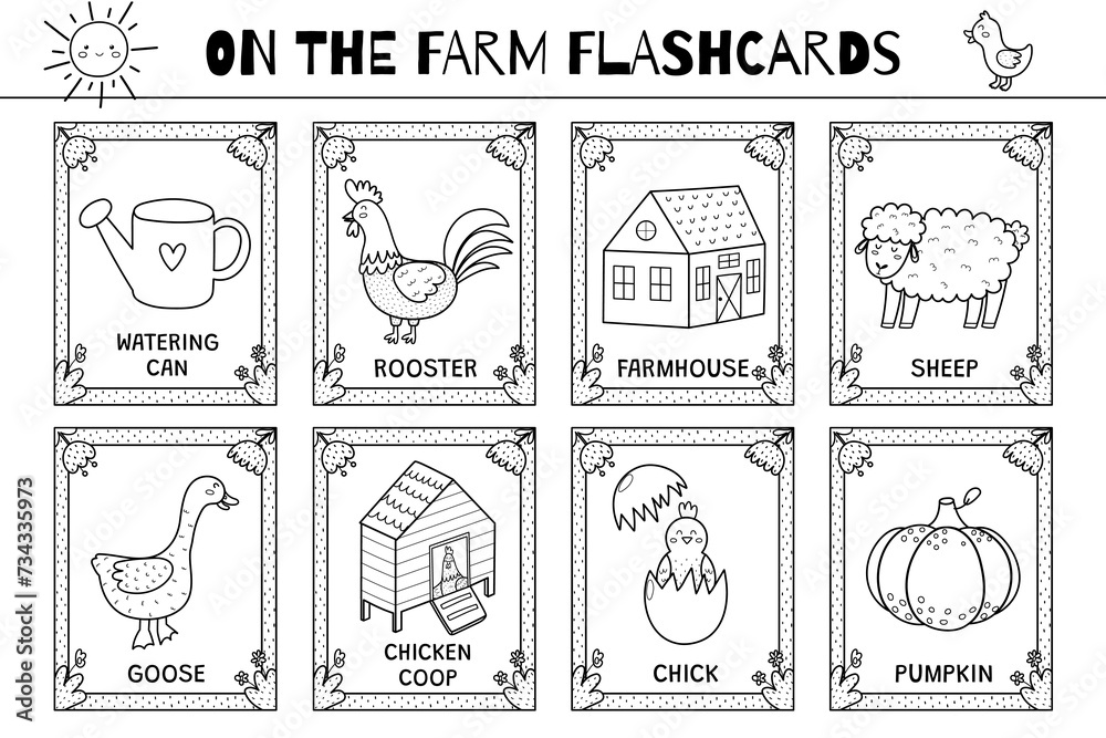 On the farm flashcards black and white collection. Flash cards for ...