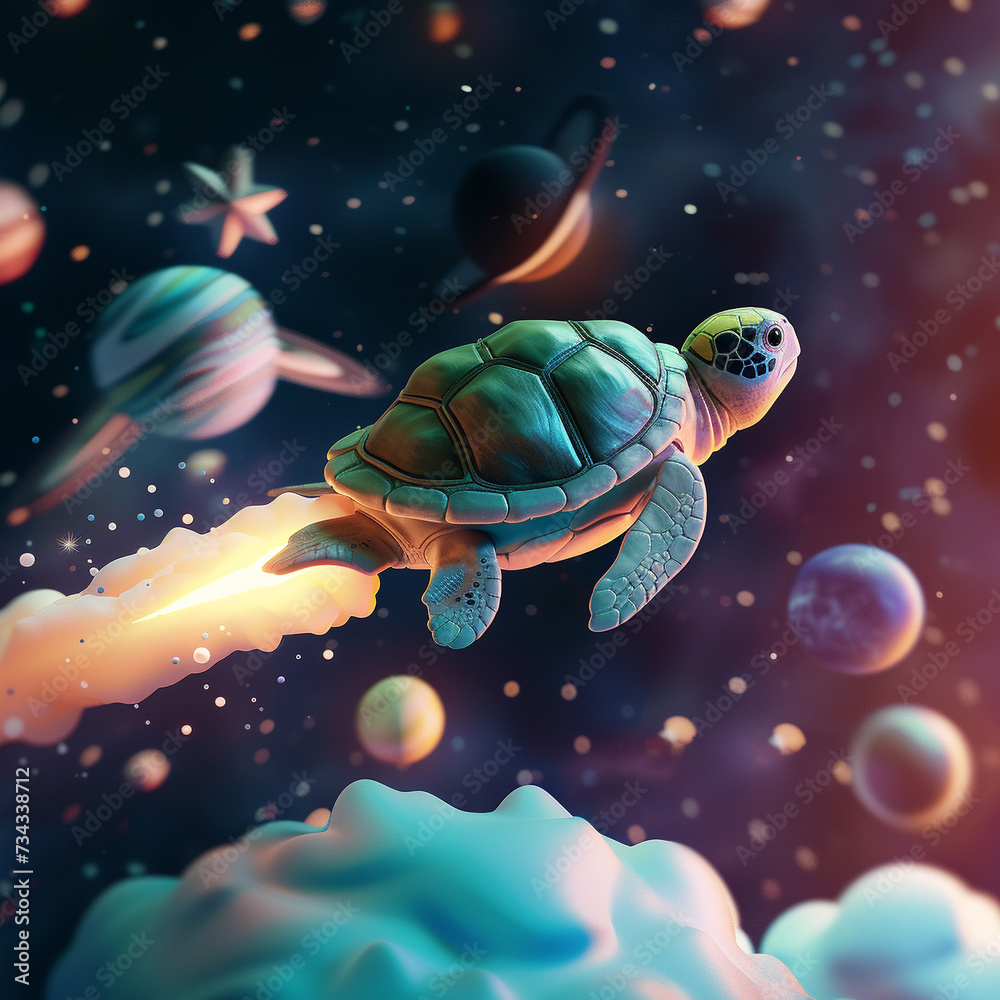Illustrate a scene where a turtle is riding on a rocket soaring in ...
