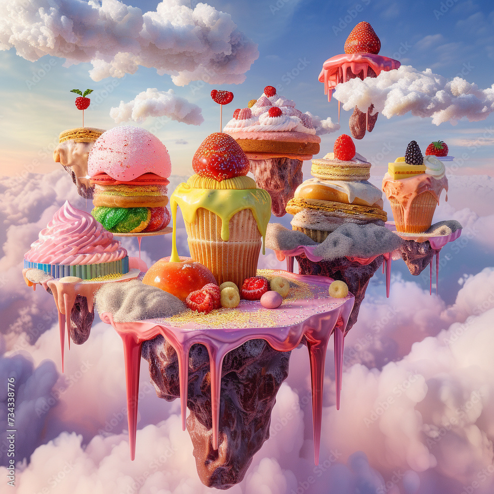 Imagine a 3D render of floating islands made of different foods and ...