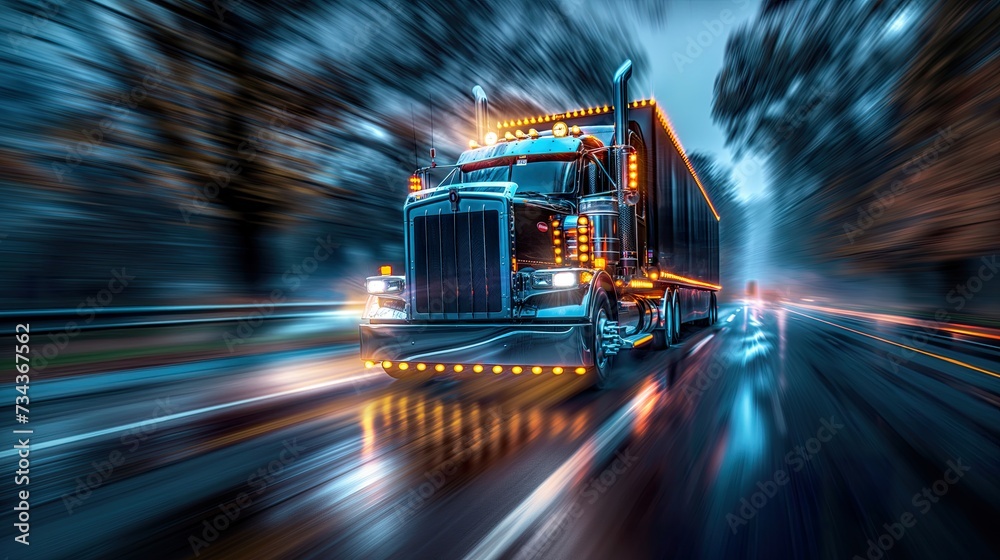Truck Transportation logistics, this black freight truck on a fast city ...