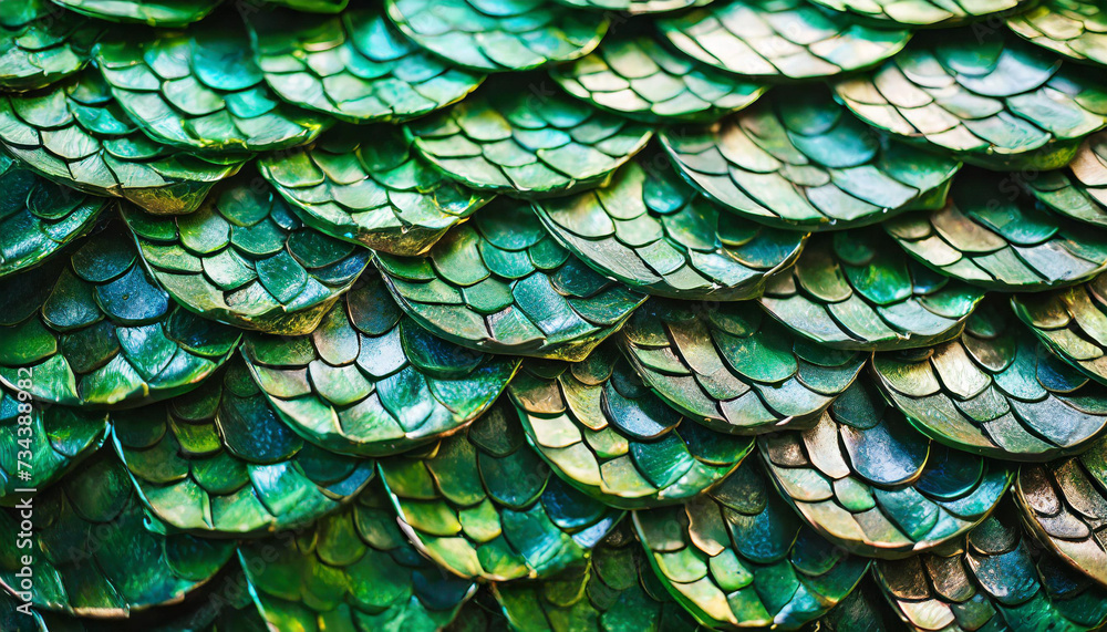 metallic green-blue dragon scales glistening in forest light, evoking ...