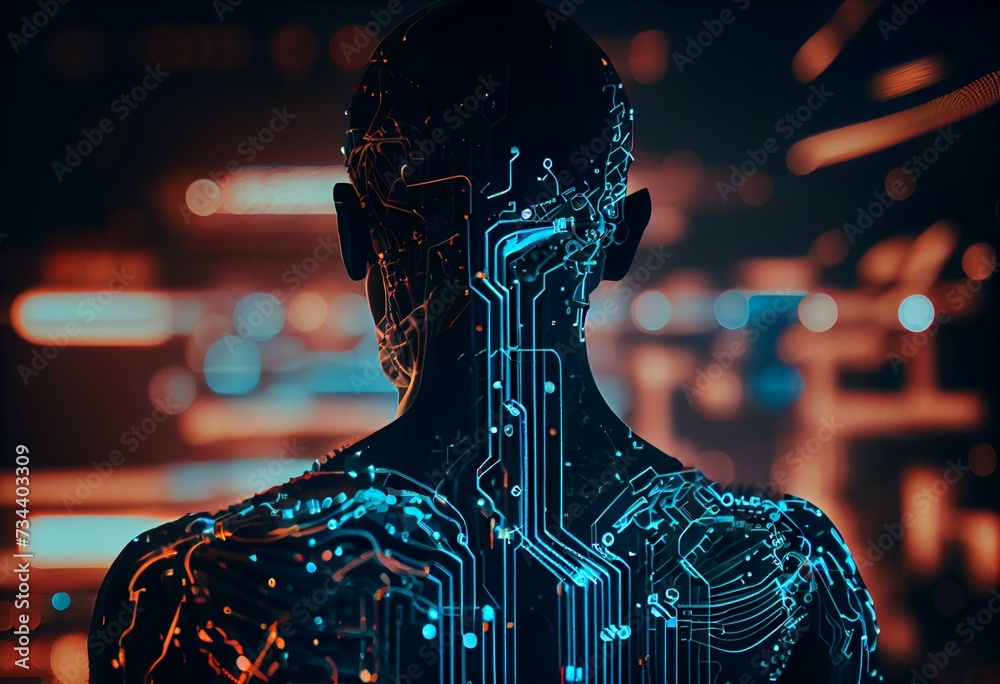 electronic circuit, close up of a male silhouette. The male figure and ...