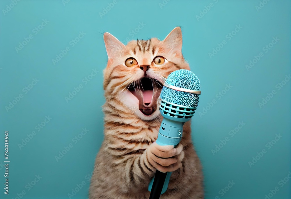 Funny emotional cat artist singing and holding a vintage metal ...