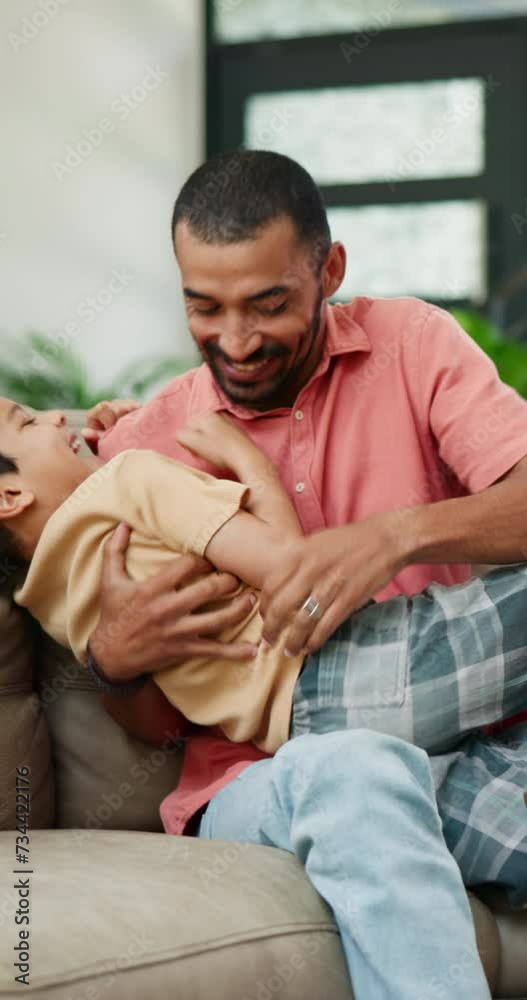 Running, hug and father and son on sofa for tickle, fun or playful ...
