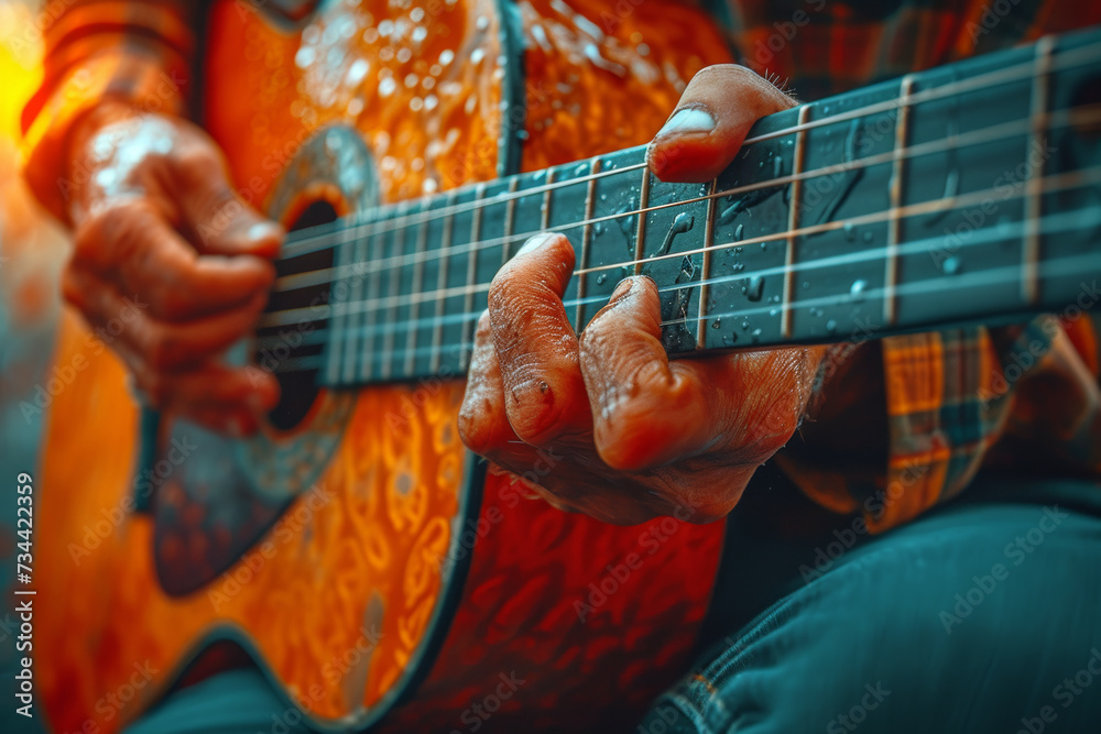 A close-up of a musician's calloused fingers on guitar strings ...