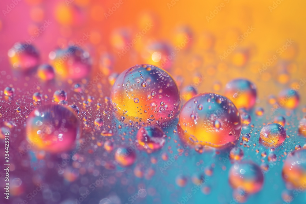 Macro photography capturing the iridescence of oil droplets on water ...
