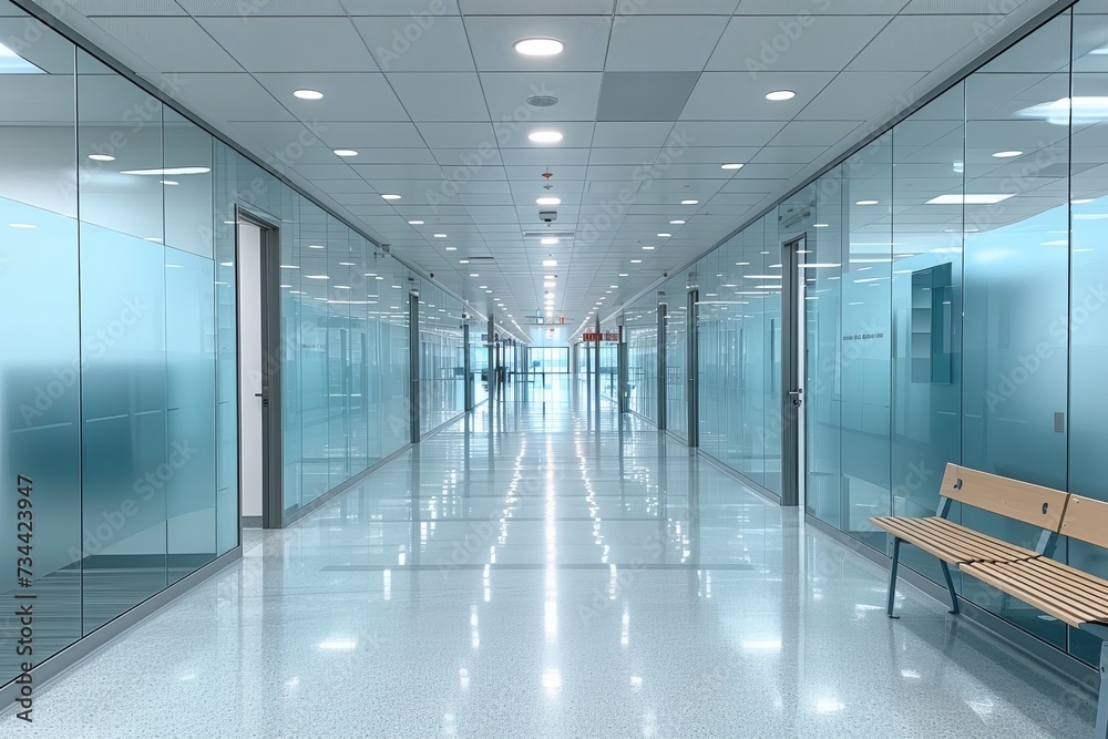 A sleek and modern hallway with floor-to-ceiling glass walls ...