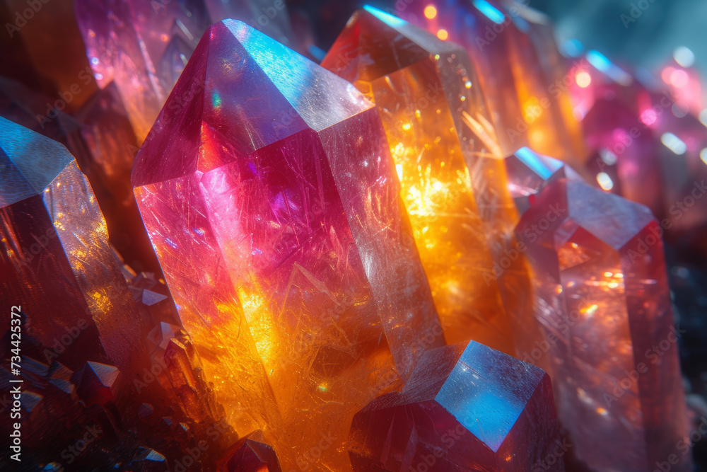 Abstract close-up of light patterns refracted through a crystal ...