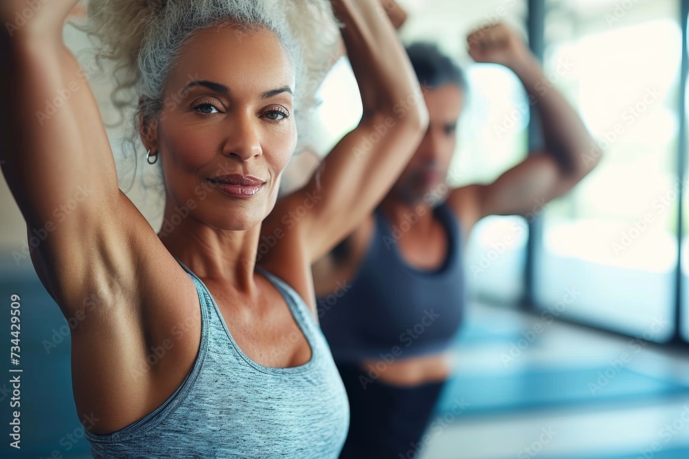 A poised woman and a confident man strike powerful poses in a sleek gym ...